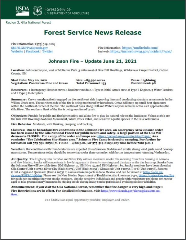 Johnson Fire Update 062121 – Silver City Radio